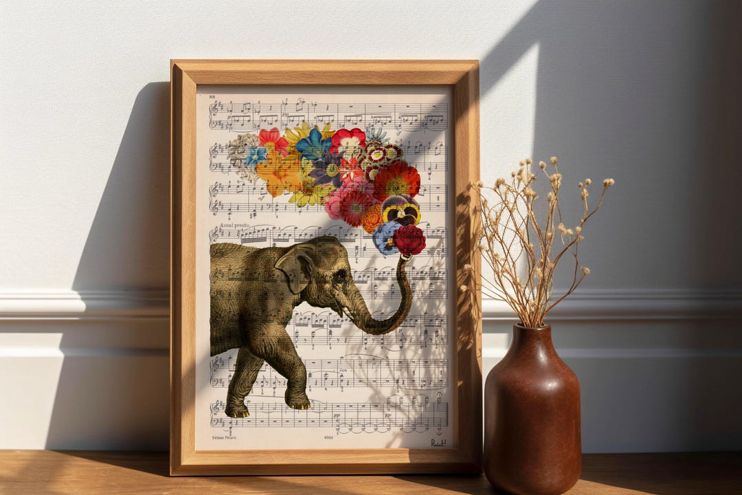 Floral Elephant Music Sheet Art Print | Bohemian Good Luck Gift ...