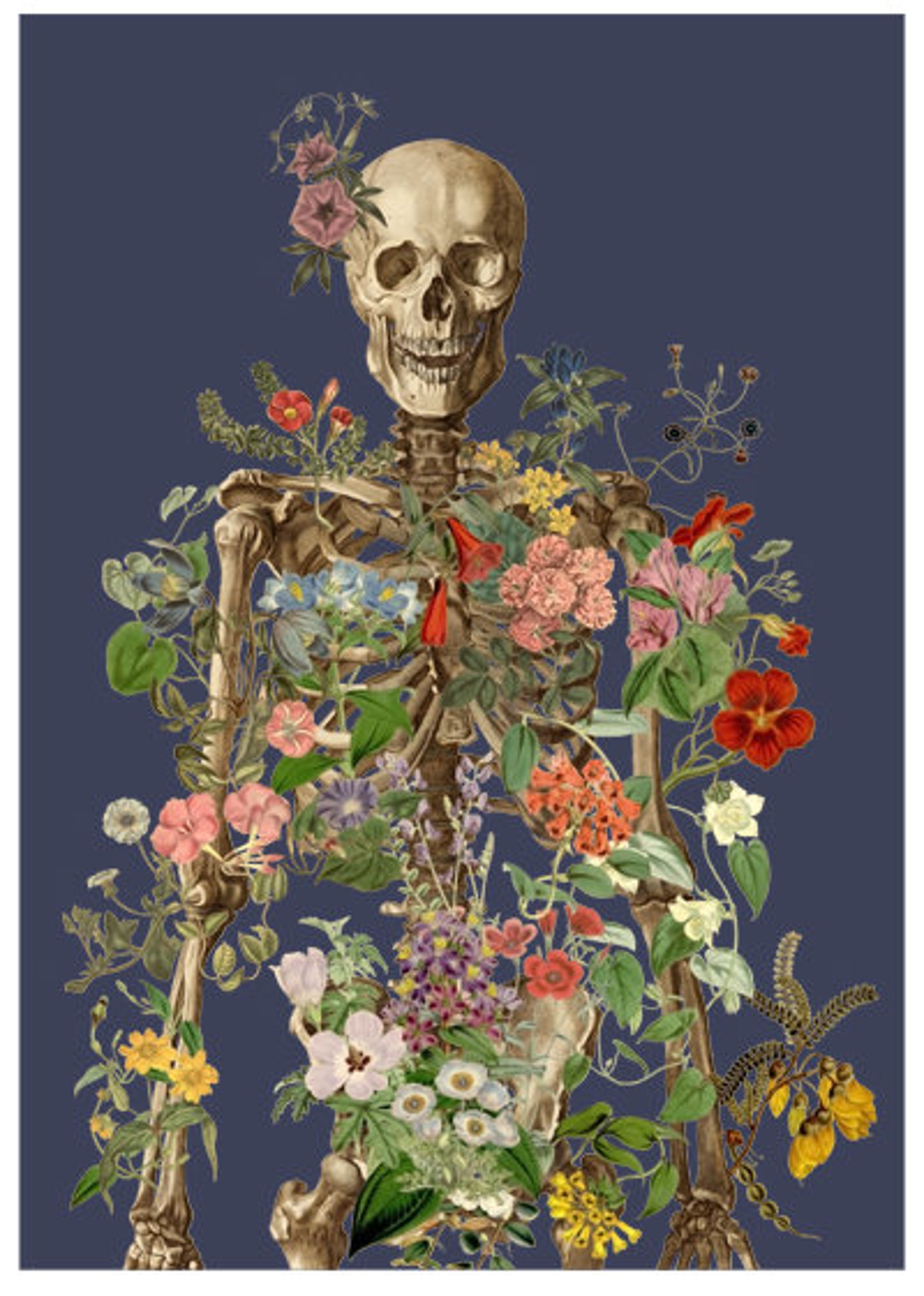 Skeleton covered with flowers at the deep night Anatomy art | Etsy