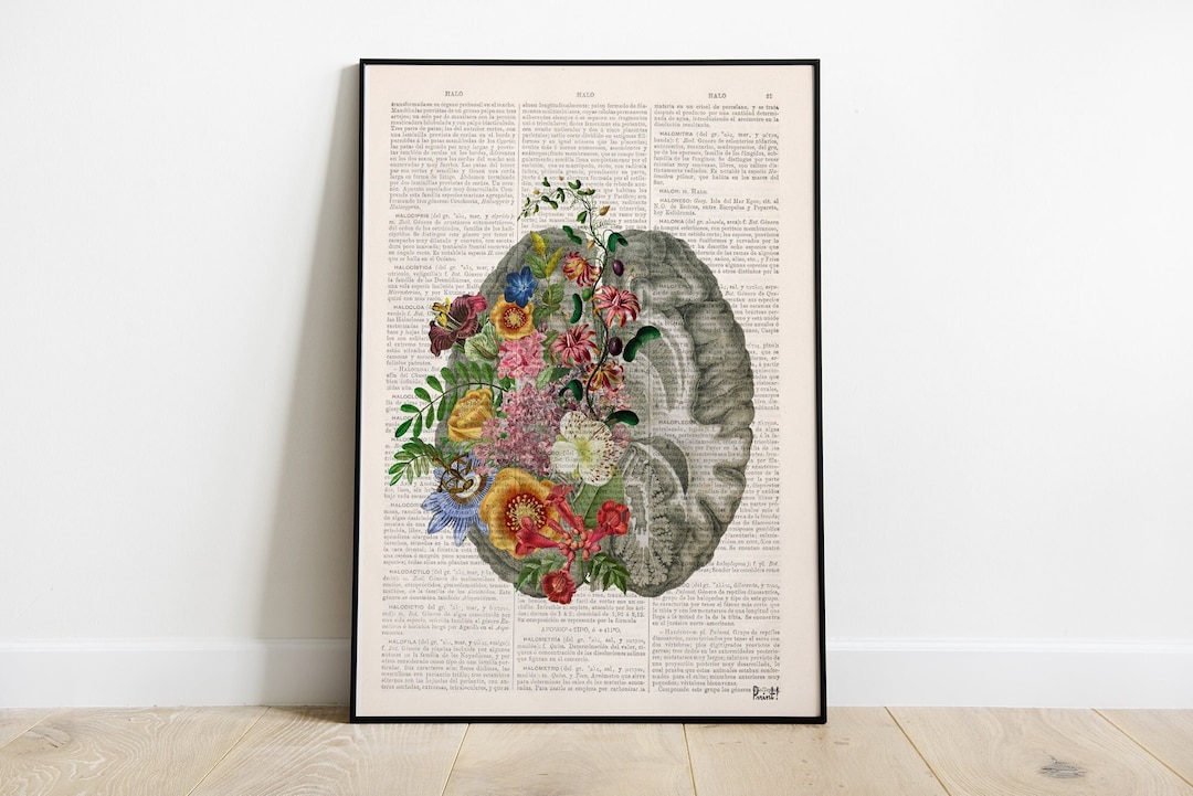 Jungle Brain Anatomy Print | Tropical Flower Collage on Vintage Book ...