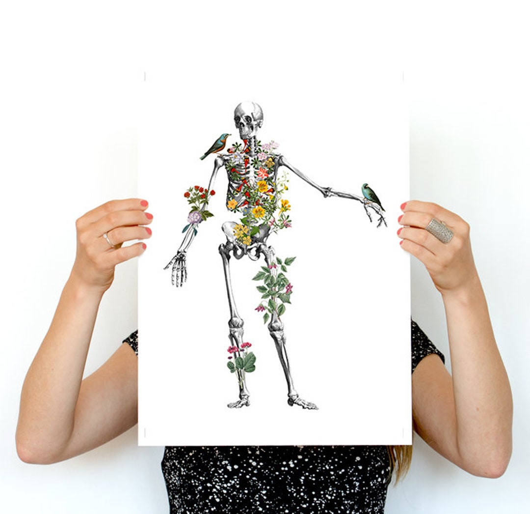 Skeleton and Birds Art Print | Gothic Style Bird & Bone Illustration ...