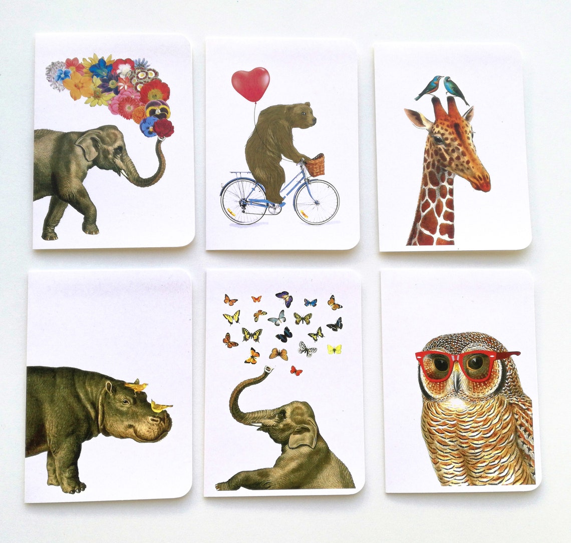 funny-animal-cards-set-of-6-animal-greeting-cards-folded-etsy