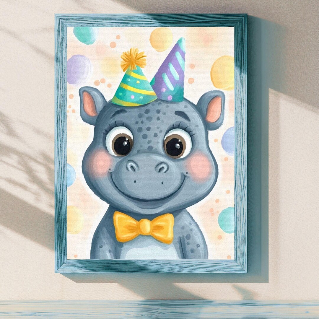 Hippo Birthday Party Oil Painting, Pastel Nursery Wall Art, Confetti ...