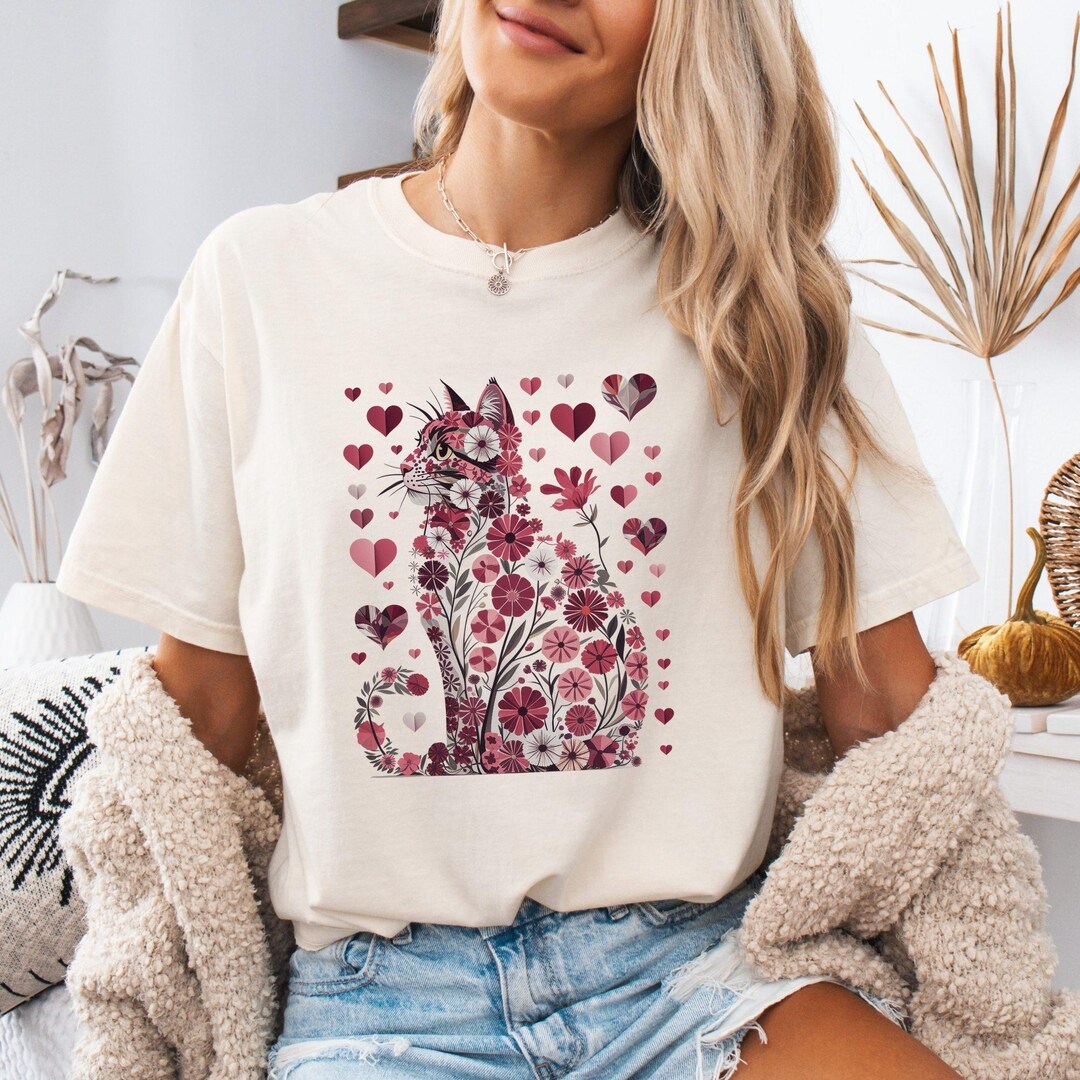 Floral Cat Valentine Shirt, Boho Flower Kitten Tee, Aesthetic Valentine ...