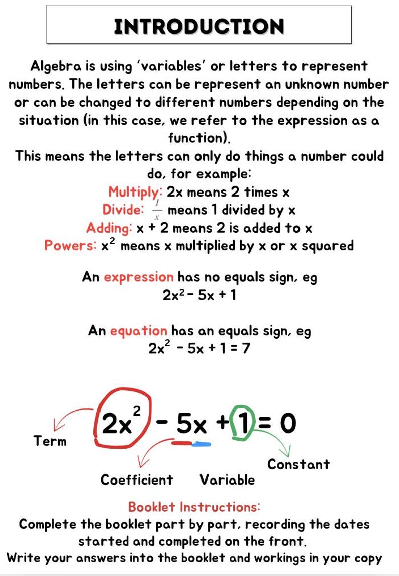 Junior Cycle Higher Level Algebra Skills Booklet (7th - 9th Grade ...