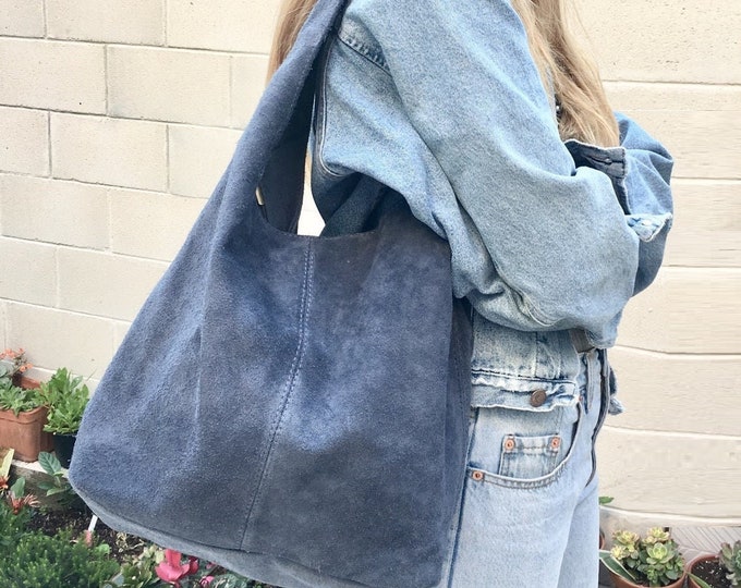 Slouch Bag.large TOTE Leather Bag in Blue With ZIPPER. Soft Suede ...