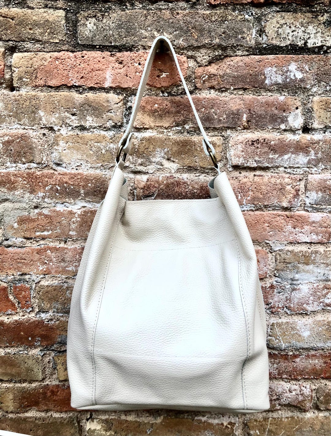 Slouch Leather Shopper Bag in Creamy White. Very Light Beige Hobo ...
