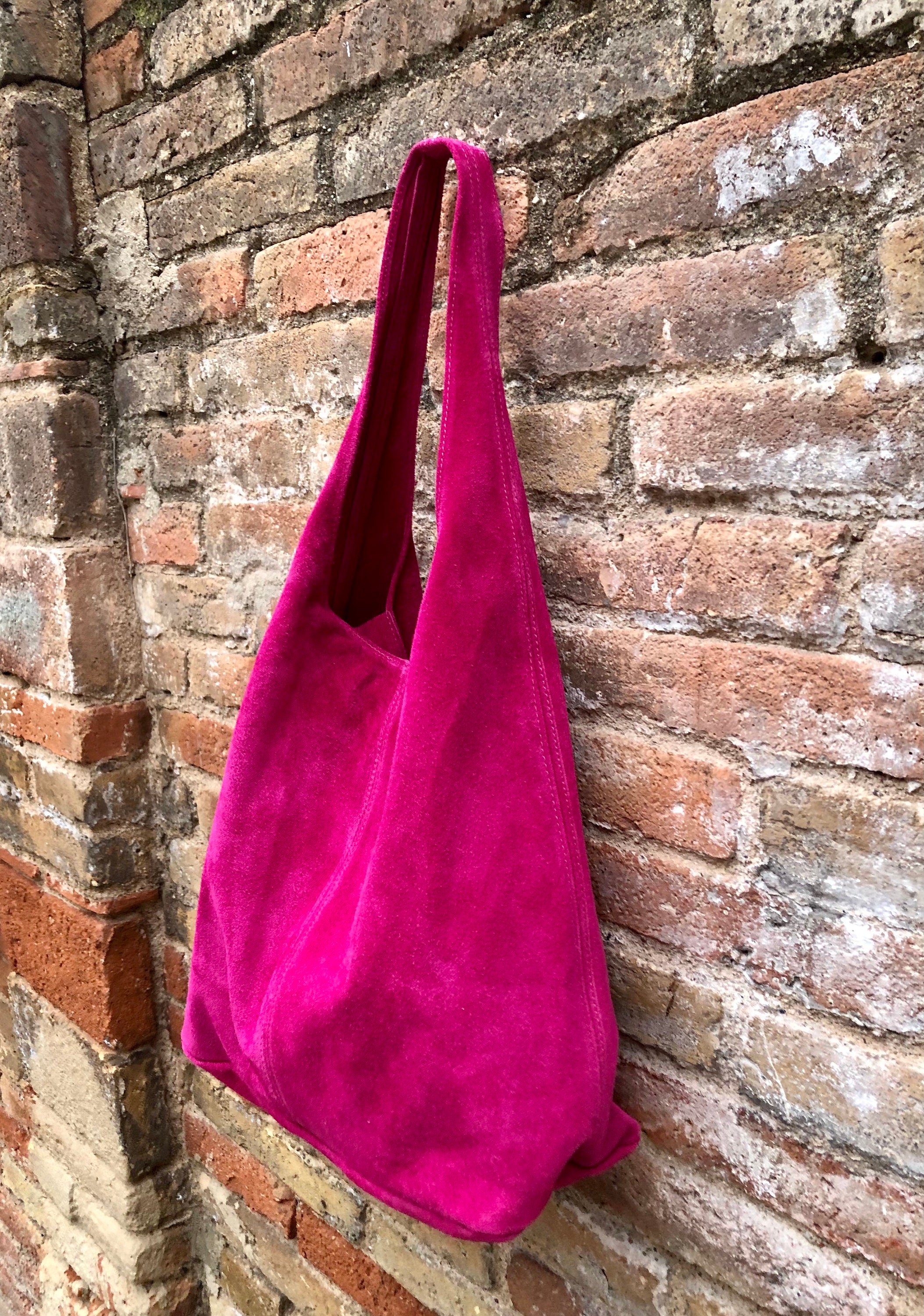Large TOTE Leather Bag in Hot Pink. Magenta Slouch Bag in Soft Suede ...