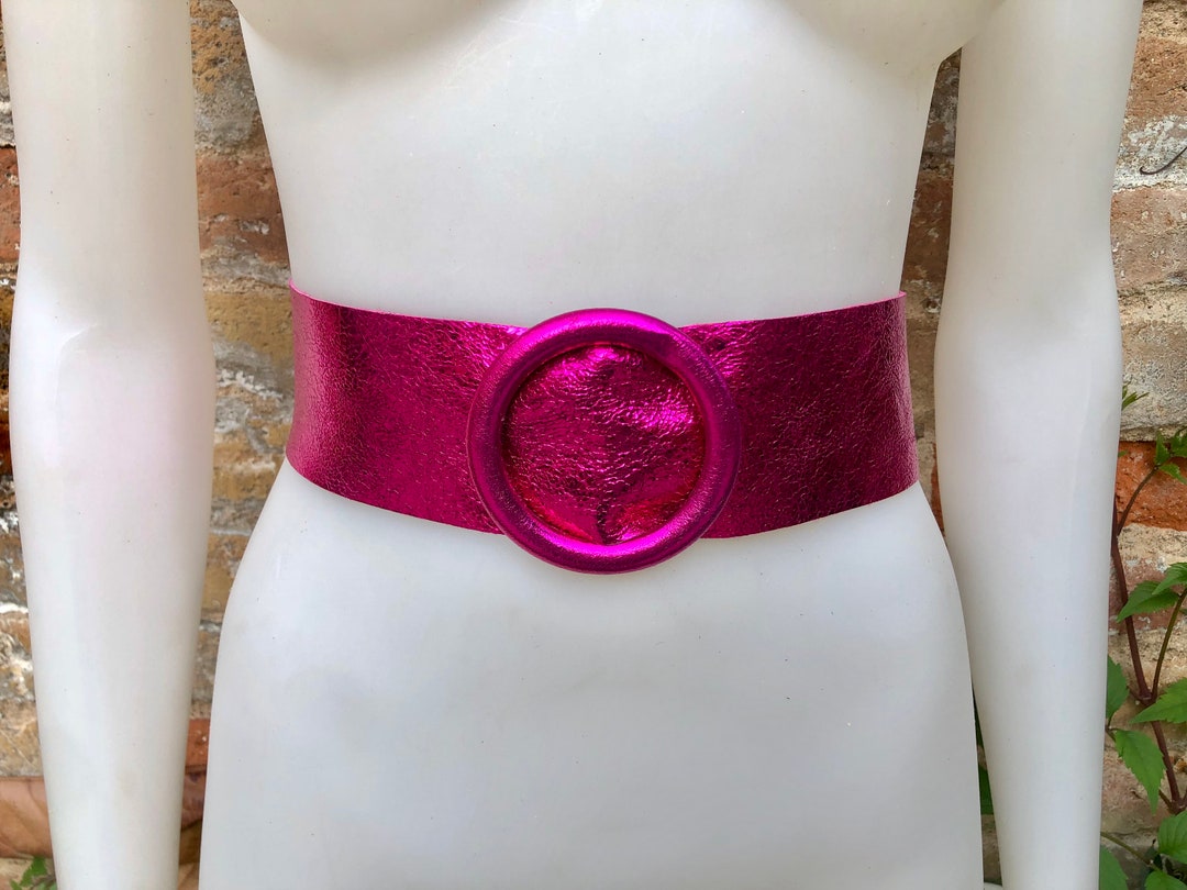 HOT PINK Metallic Leather Waist Belt With Large Round Buckle. Fuchsia ...