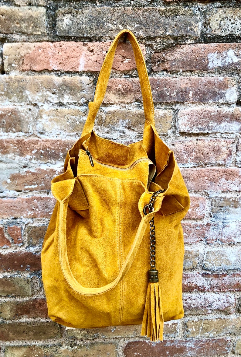 Mustard Yellow Leather Shopper Bag in Genuine Suede. Slouchy - Etsy