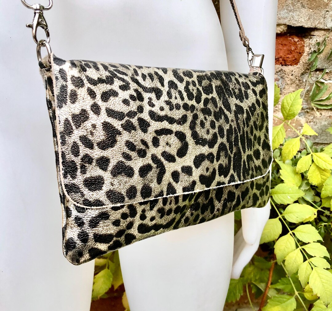 Cheetah Print Metallic Gold Small Leather Bag. GENUINE Leather. Leopard ...