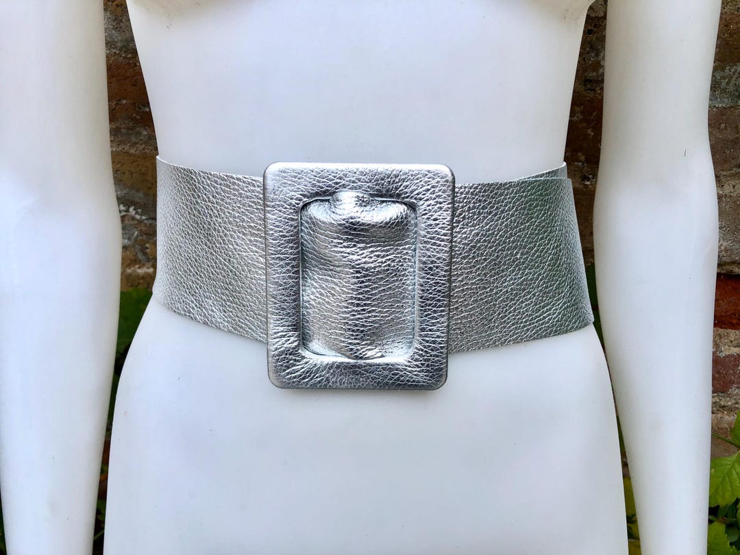 Silver Leather Waist Belt With Large Buckle. Soft Leather Belt in ...