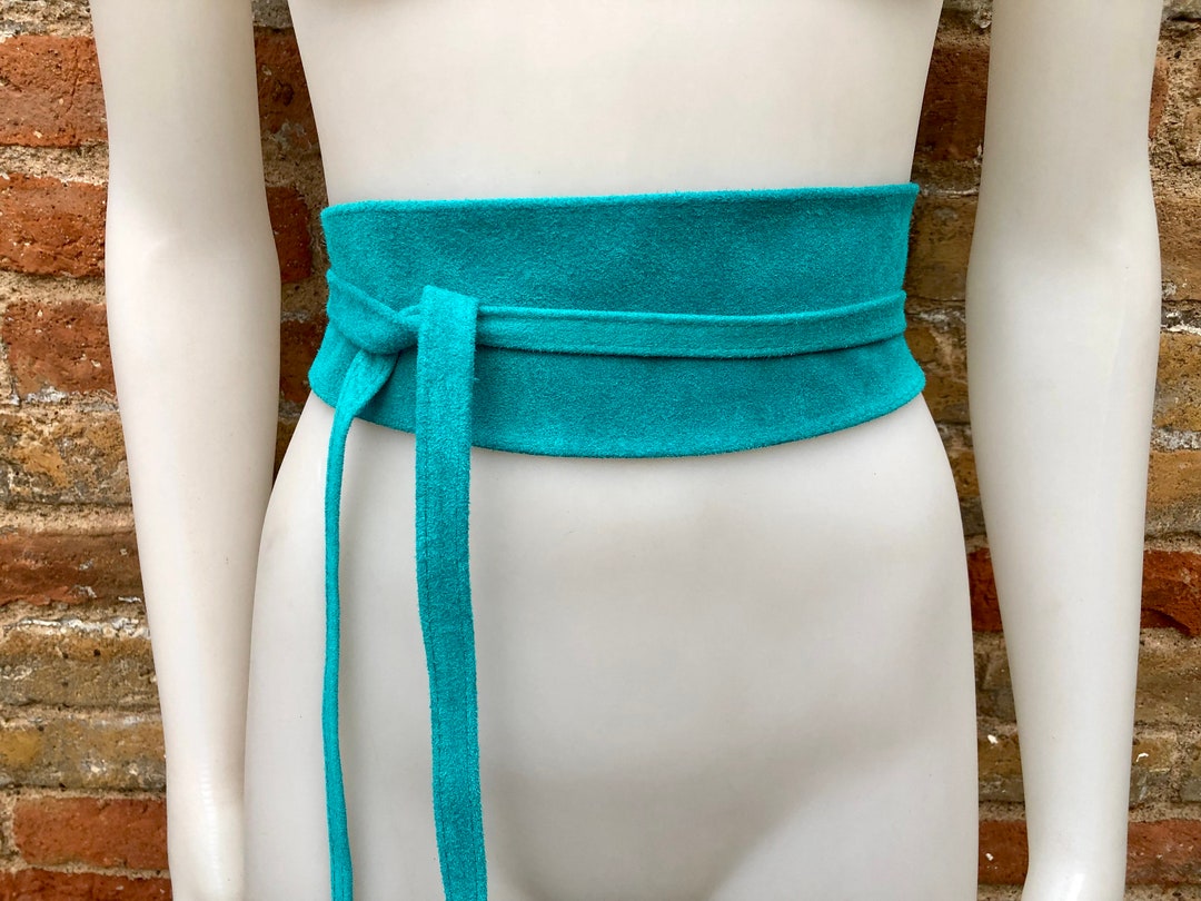 TURQUOISE Suede OBI Belt in Natural Soft Leather. Blue Waist Belt. Soft ...
