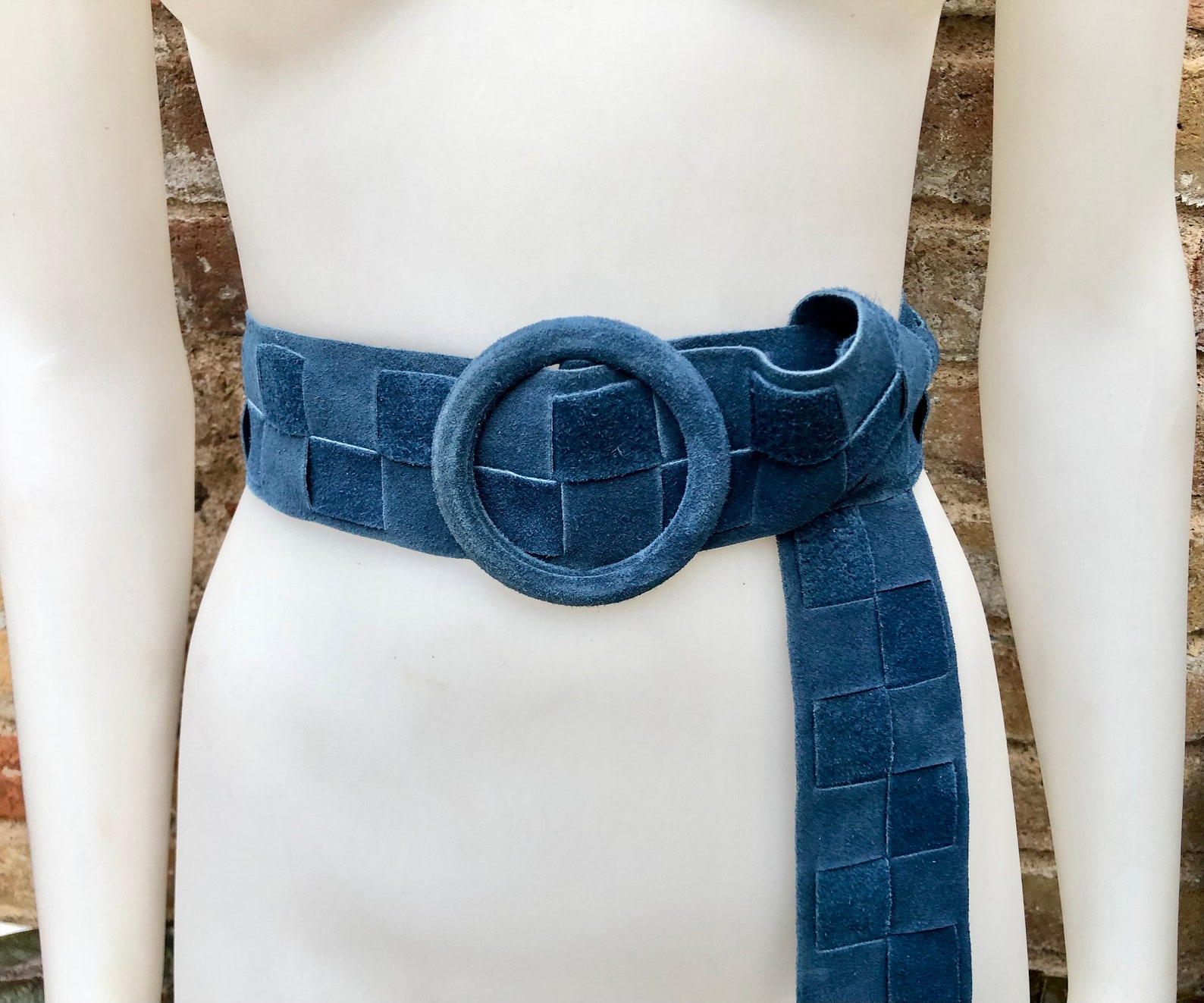 Blue Suede Waist Belt With Large Round Buckle. Boho Soft Suede Wide ...