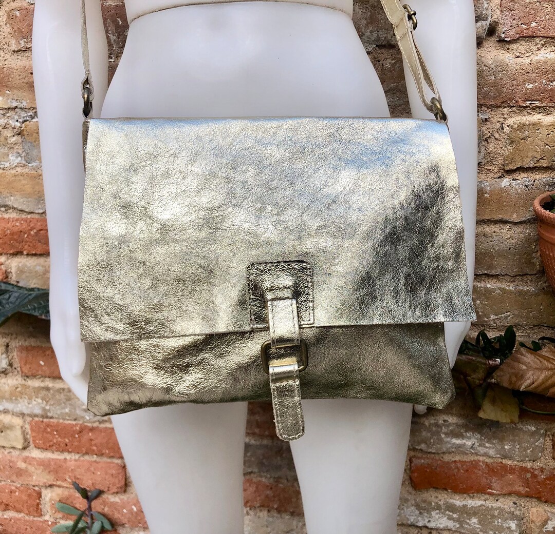 Gold Color Crossbody Leather Bag. Soft Genuine Laminated Leather Bag ...