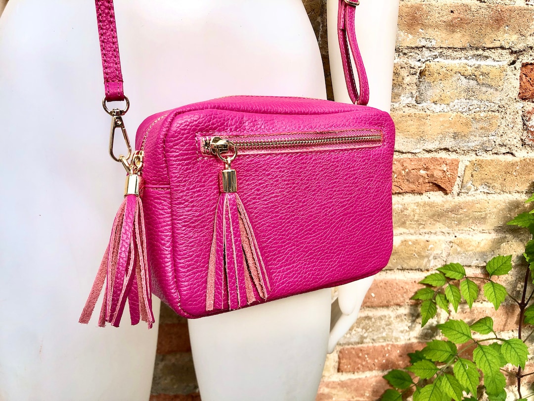 Small Hot Pink Leather Bag. GENUINE Leather Shoulder / Cross Body Bag ...