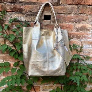 Shoulder Leather Bag in GOLD. GENUINE Leather Shopper Bag. Large Carry ...