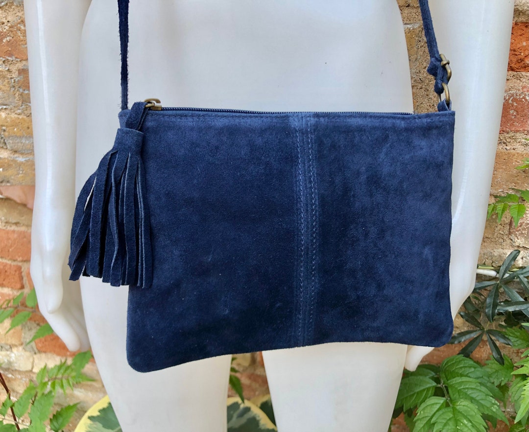 NAVY Blue Suede Bag. Dark Blue GENUINE Suede Leather Crossbody Bag ...