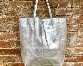 Large Silver Leather Bag - Etsy
