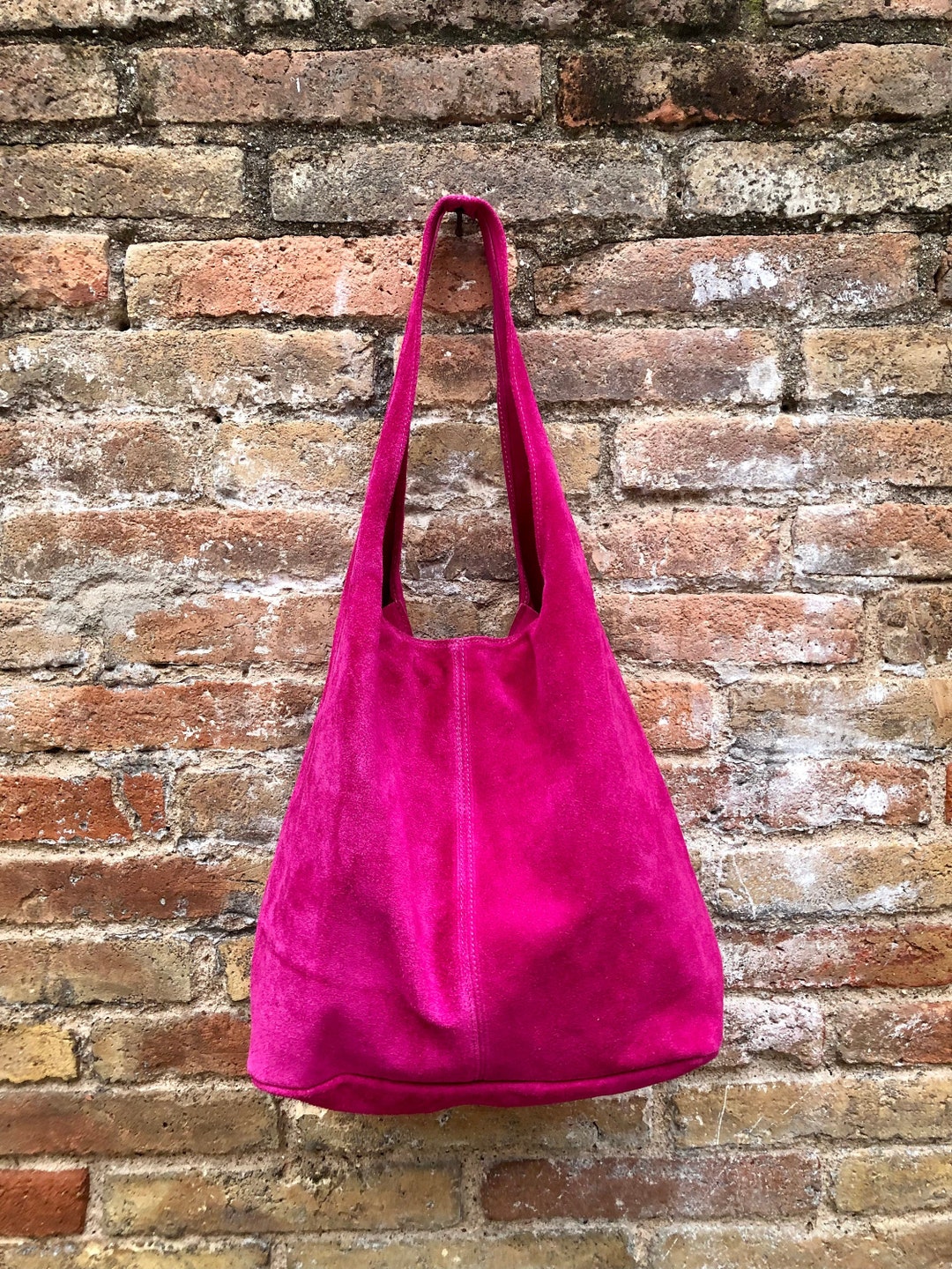 Large TOTE Leather Bag in Hot Pink. Magenta Slouch Bag in Soft Suede ...