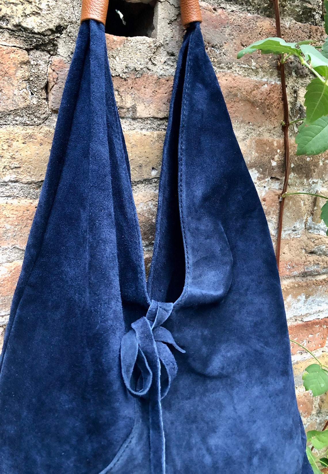 NAVY Blue Slouch Suede Bag. Genuine Leather Shoulder / Shopper Bag ...