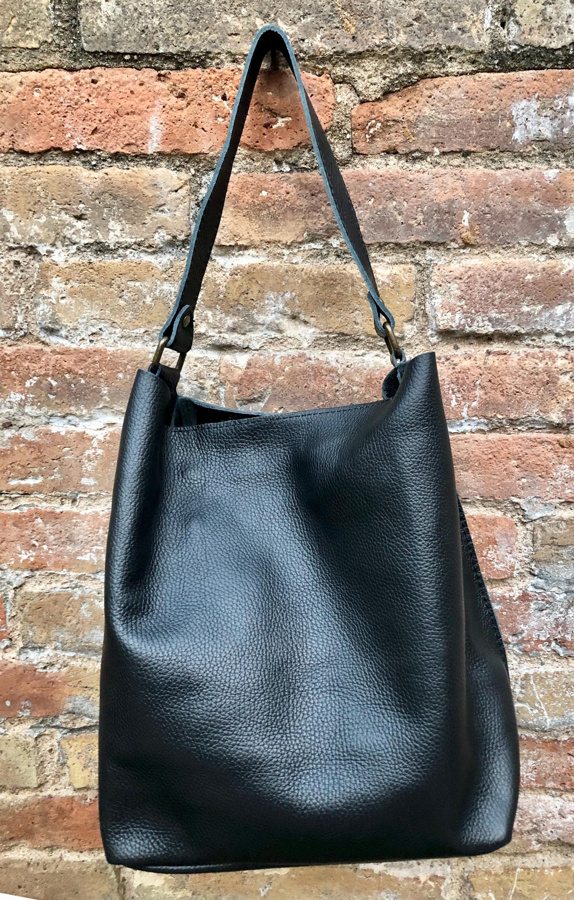 Slouch Leather Bag in BLACK Leather. Black Hobo Shoulder Bag. Genuine ...