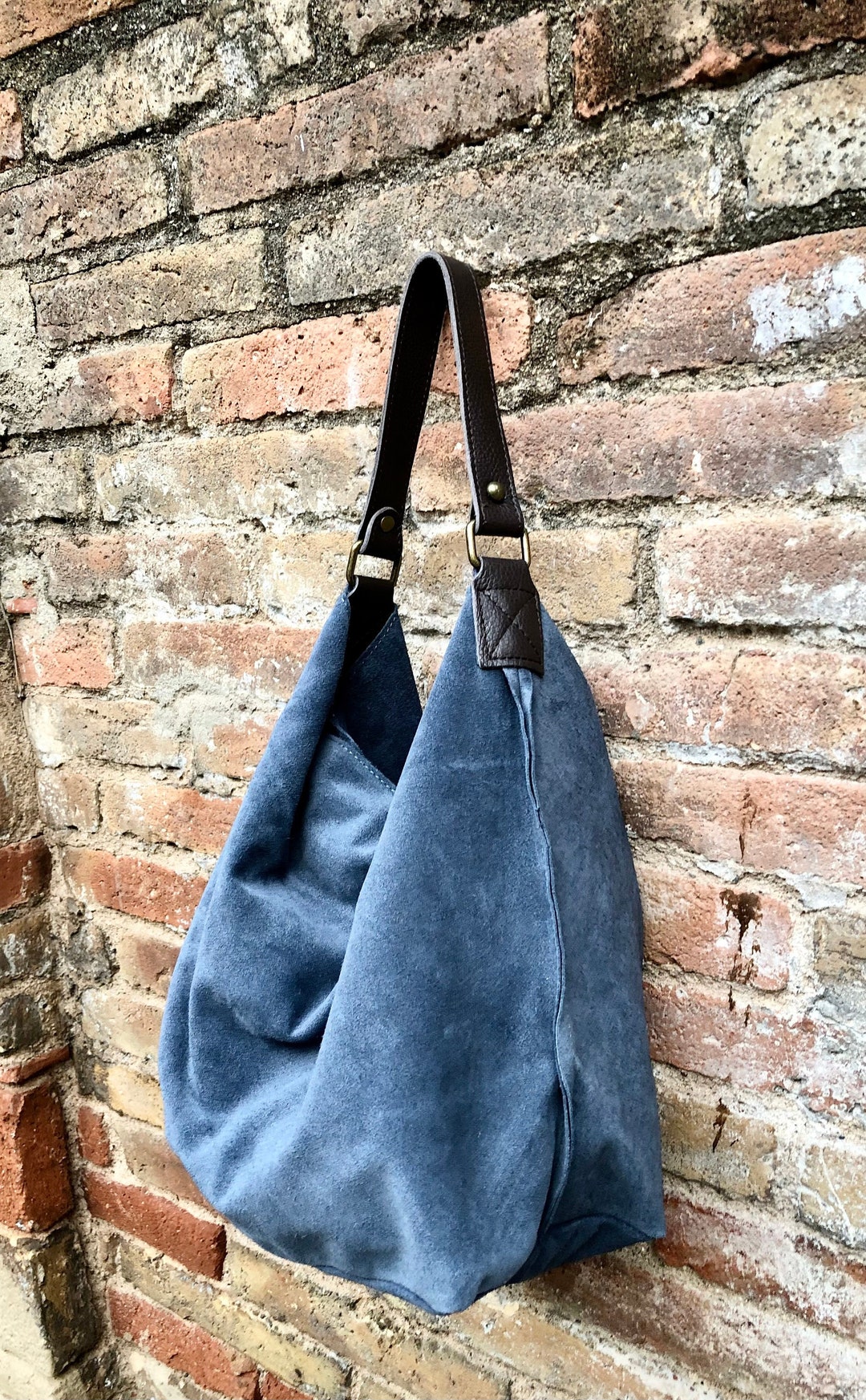 Slouch Leather Bag in DENIM Blue. Hobo Shoulder Bag. Boho Bag. Book or ...