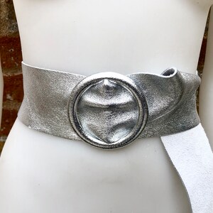SILVER Metallic Leather Waist Belt With Large Round Buckle. Soft ...