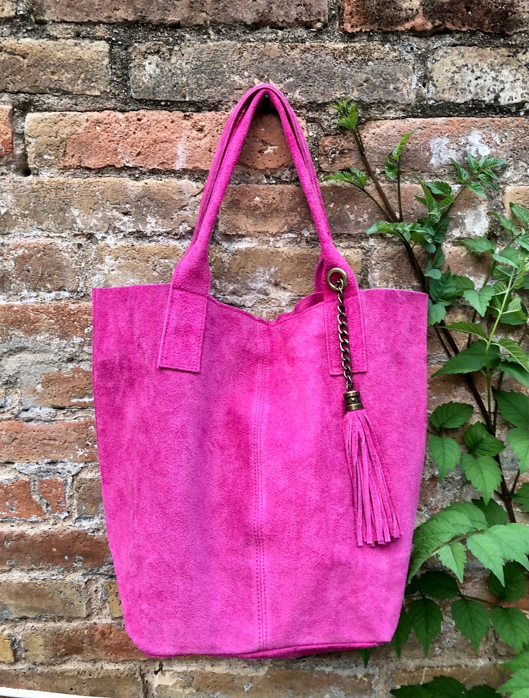Fuchsia Pink Leather Shopper Bag in Genuine Suede. Slouchy Pink Carry ...