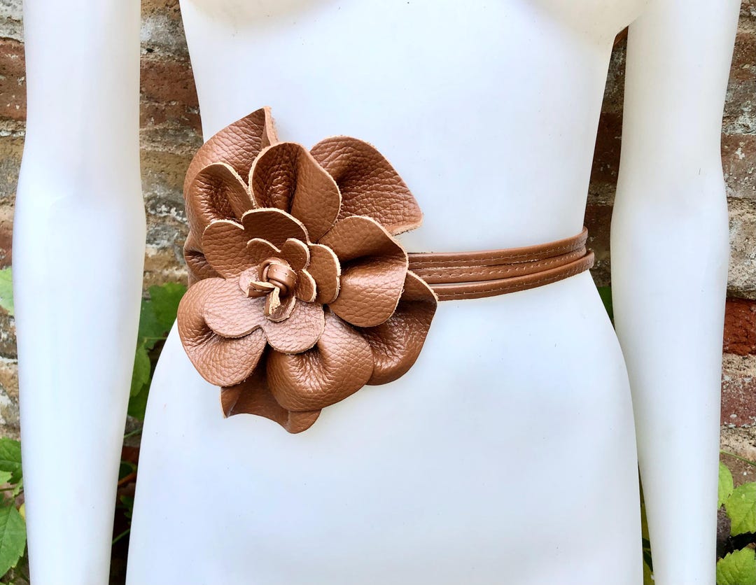 Flower Leather Belt in Camel Brown. Waist, Overall or Dress Belt ...