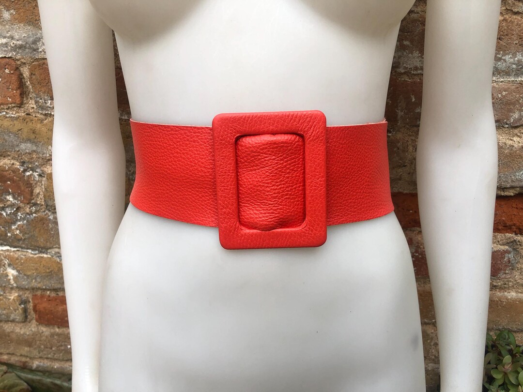 Red Leather Waist Belt With Large Buckle. Soft Leather Belt in Bright ...