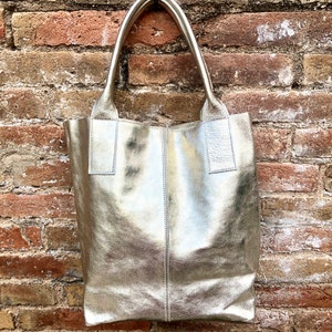 Shoulder Leather Bag in GOLD. GENUINE Leather Shopper Bag. Large Carry ...