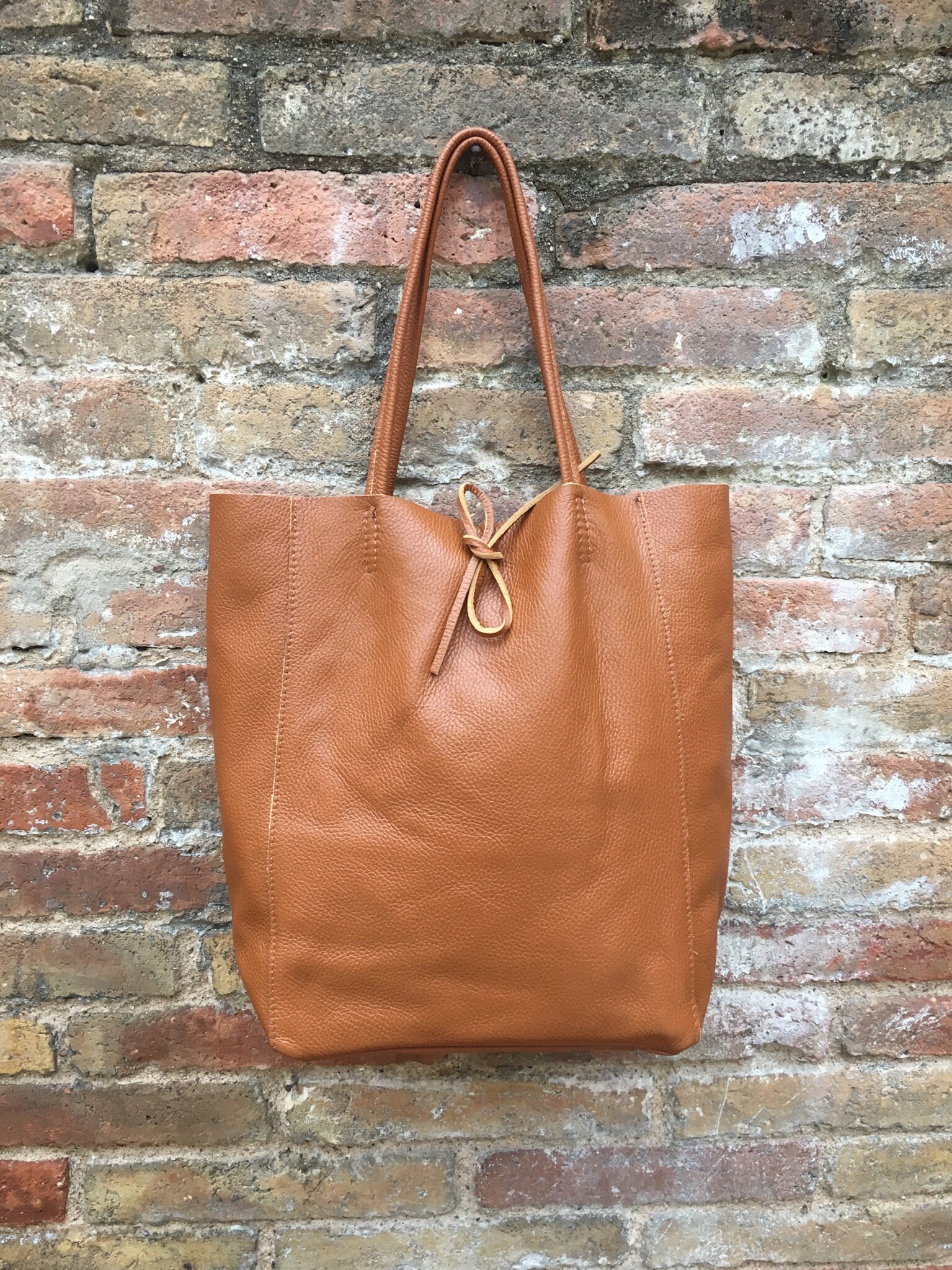 Tote leather bag in dark CAMEL brown. Leather shopper in | Etsy