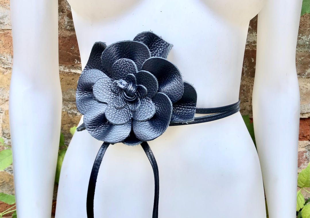 Flower Leather Belt in Navy Blue. Waist, Overall or Dress Belt. Dark ...