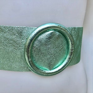 Metallic Mint Green Leather Waist Belt With Large Round Buckle. Soft ...