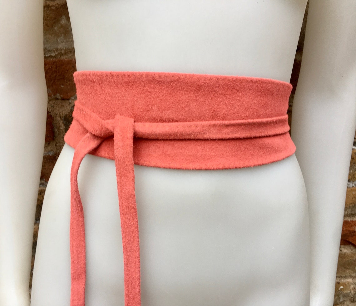 Coral PINK Suede OBI Belt. Genuine Leather Wraparound Belt. Salmon Pink ...