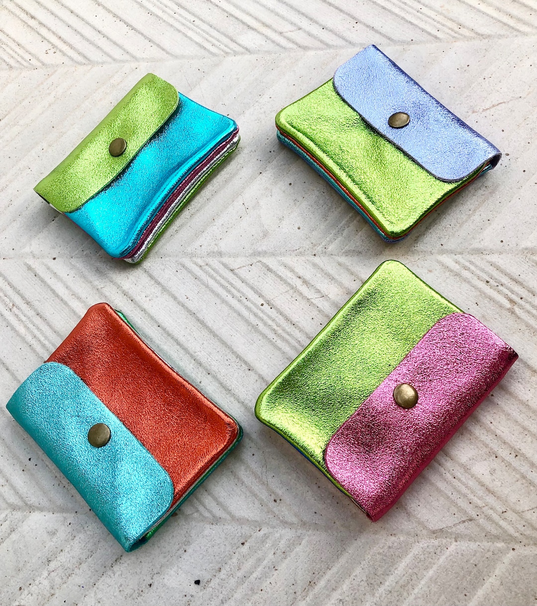 Small Coin Purse in Genuine Metallic Leather With 3 Pockets, Zipper ...