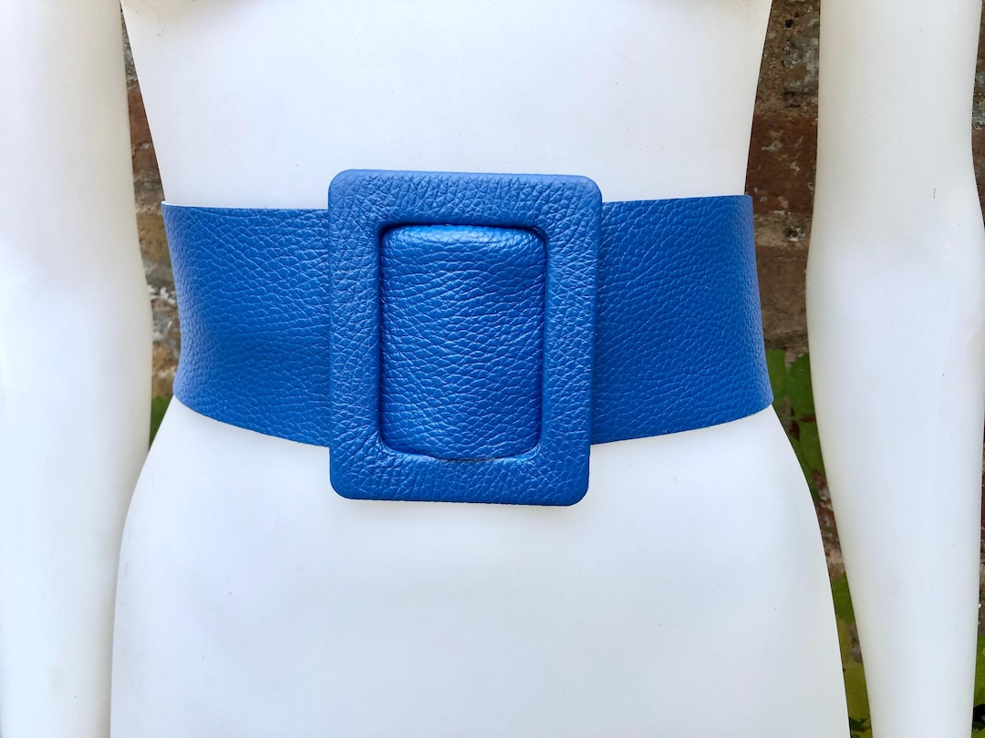 Royal Blue Leather Waist Belt With Large Buckle. Soft Leather Belt in ...