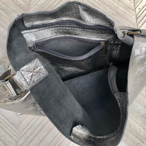 Slouch Leather Bag in SILVER Metallic Leather. SILVER Hobo Shoulder Bag ...