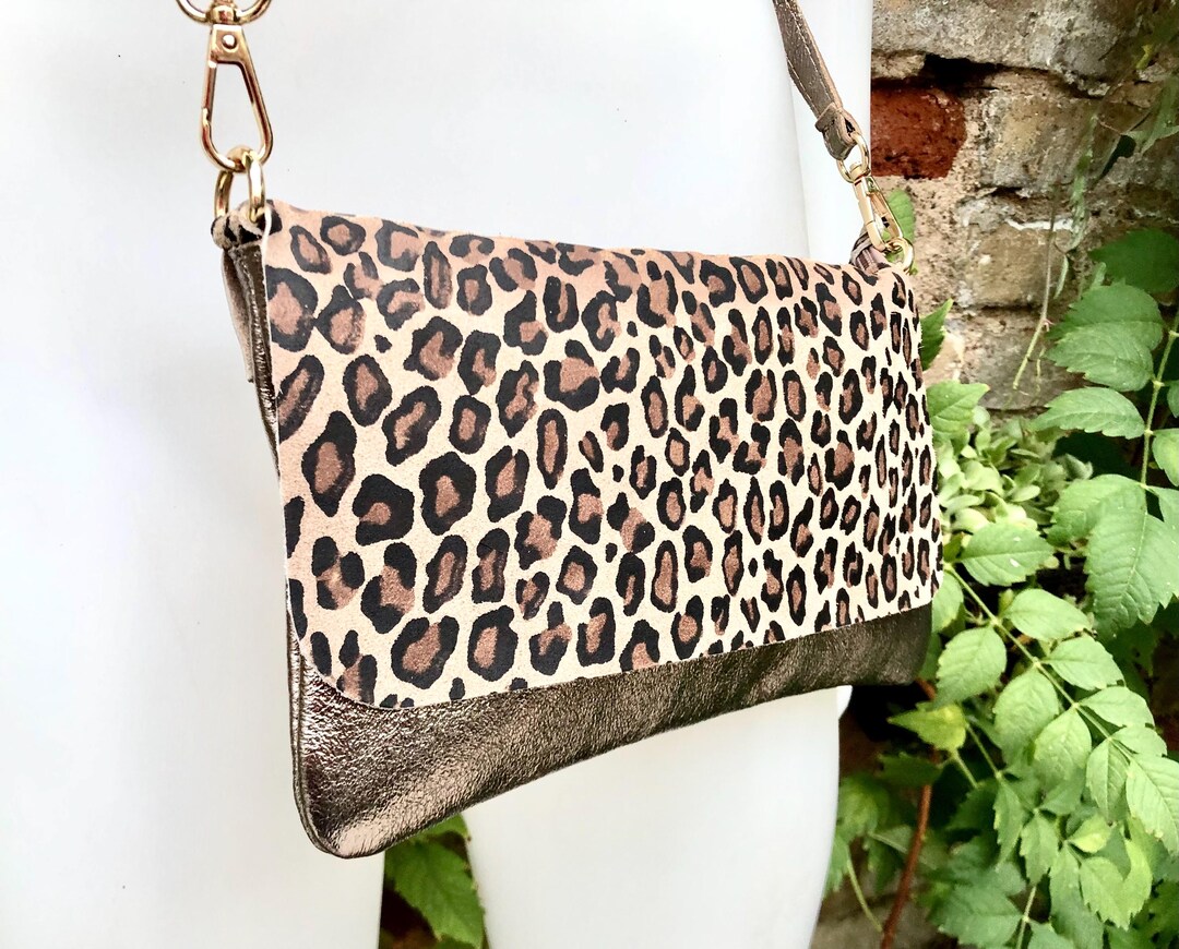 Cheetah Print Small Leather Bag in BRONZE. Cross Body Bag, Shoulder Bag ...
