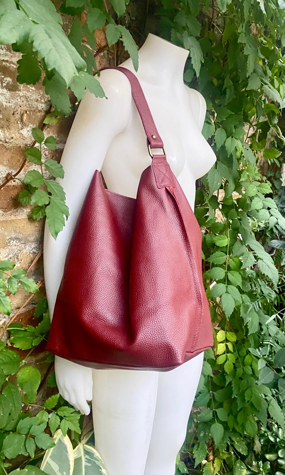 Slouch Leather Bag in Burgundy Leather. Wine Red Hobo Shoulder Bag ...