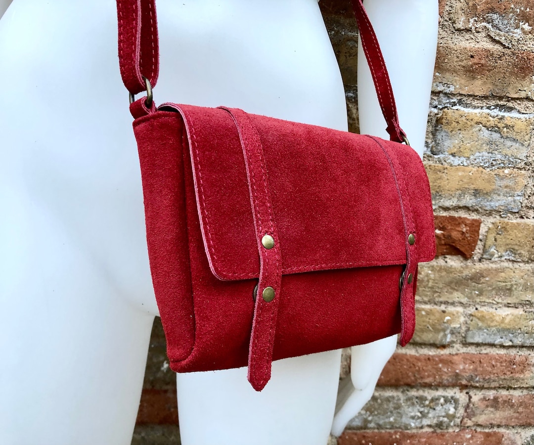 Small Burgundy Red Crossbody / Shoulder Bag. Genuine Suede Leather ...