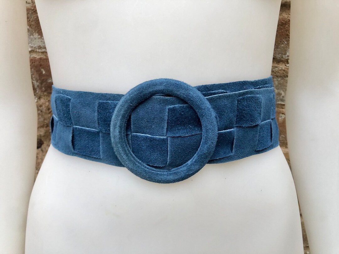 Blue Suede Waist Belt With Large Round Buckle. Boho Soft Suede Wide ...