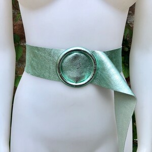 Metallic Mint Green Leather Waist Belt With Large Round Buckle. Soft ...