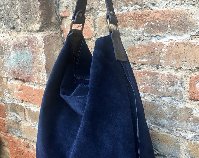 Slouch Leather Bag in NAVY Blue. Hobo Shoulder Bag. Boho Bag. Book or ...