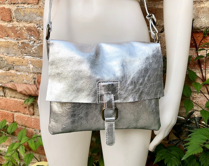 Metallic Silver Crossbody / Shoulder Bag, Genuine Leather Small ...