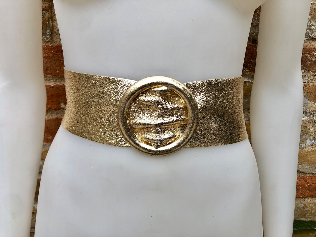 GOLD Metallic Leather Waist Belt With Large Round Buckle. Soft Leather ...