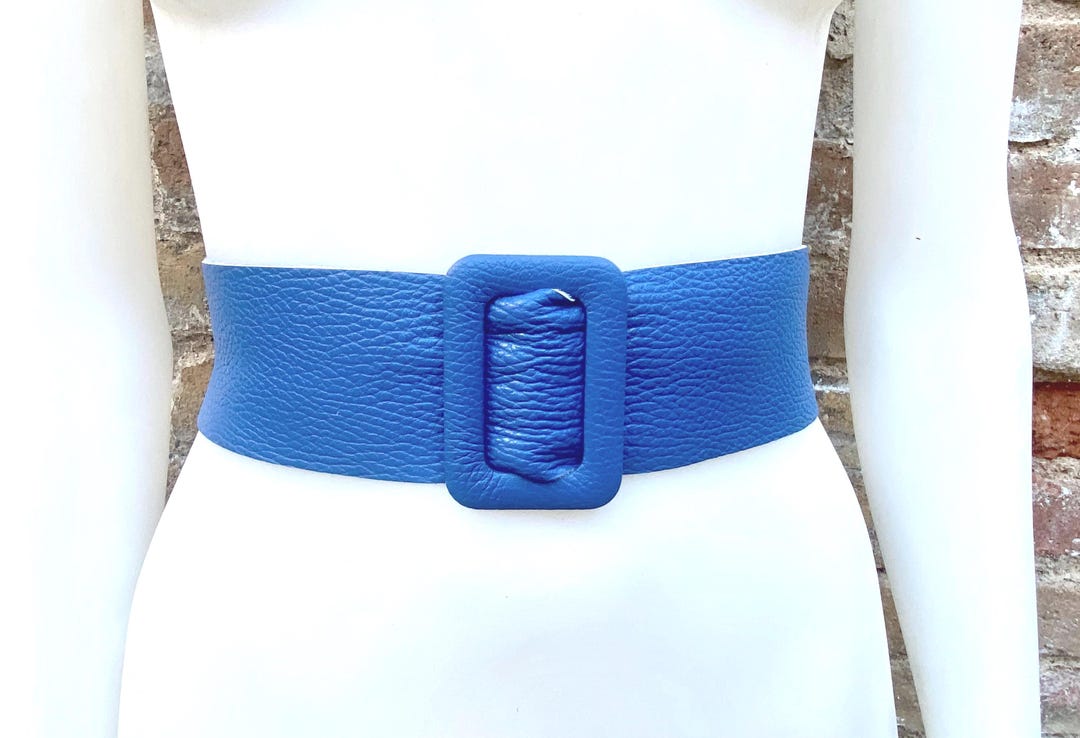 Royal Blue Leather Waist Belt With Large Buckle. Soft Leather Belt in ...