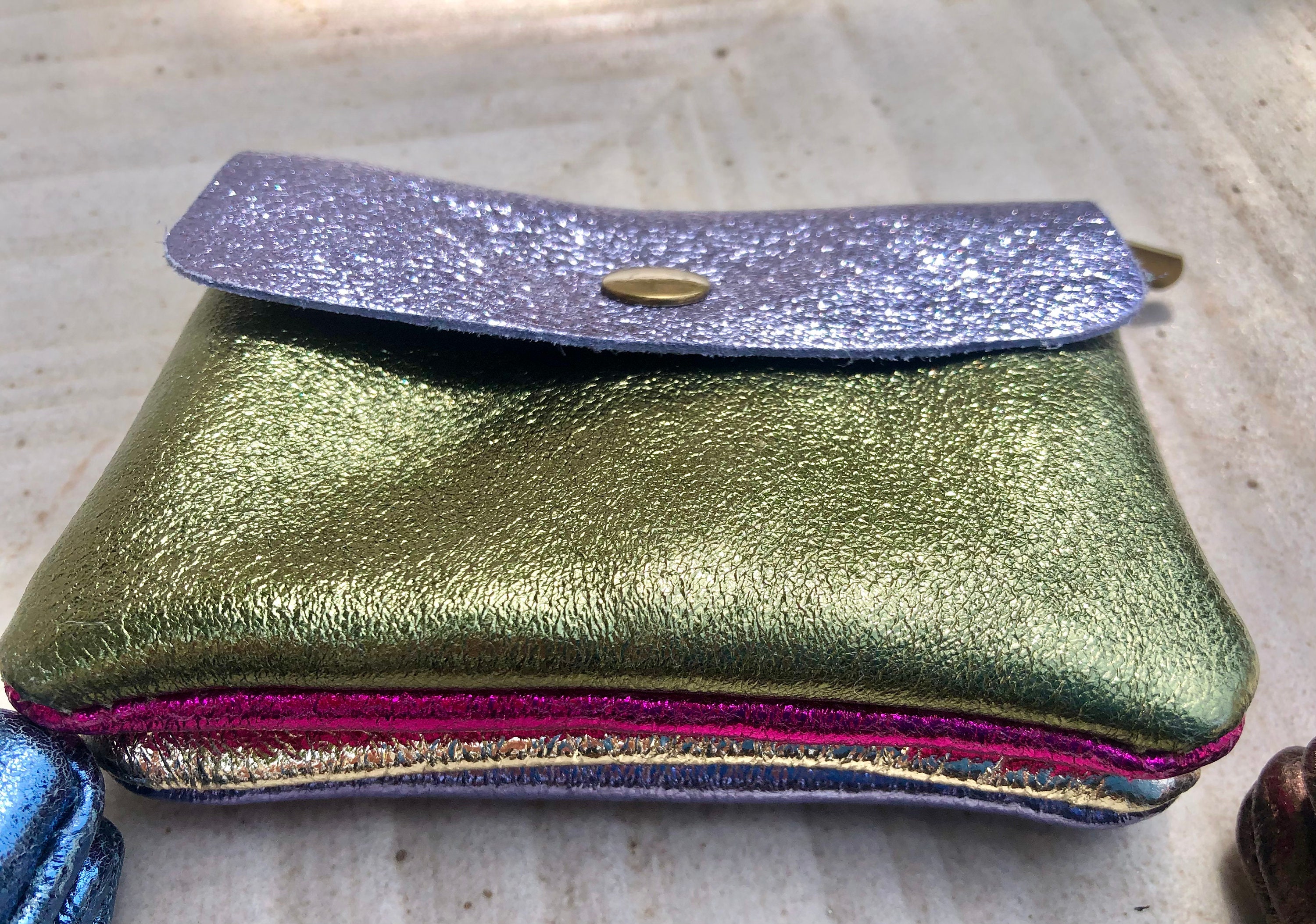 Small Coin Purse in Genuine Metallic Leather With 3 Pockets, Zipper ...
