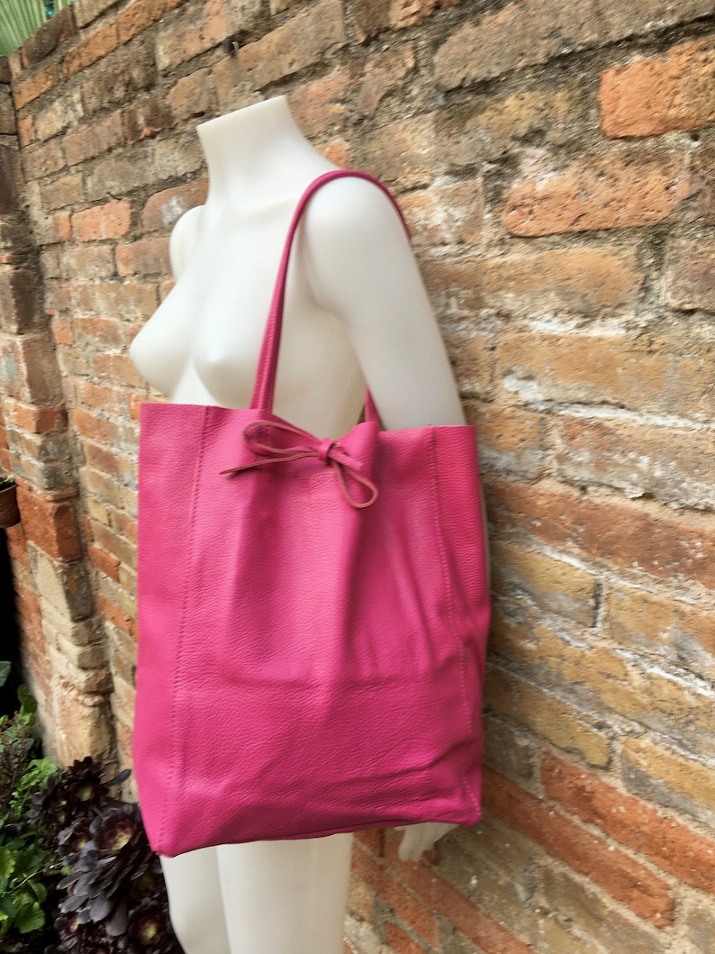 Tote Leather Bag in HOT PINK. Leather Shopper Bag in Soft - Etsy