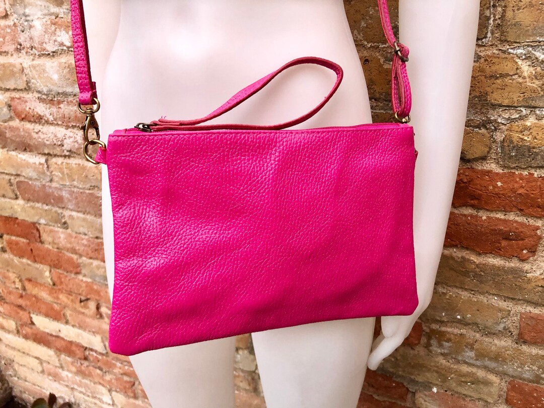 Small Leather Bag in Fuchsia Pink. Cross Body, Shoulder Bag or Wristlet ...